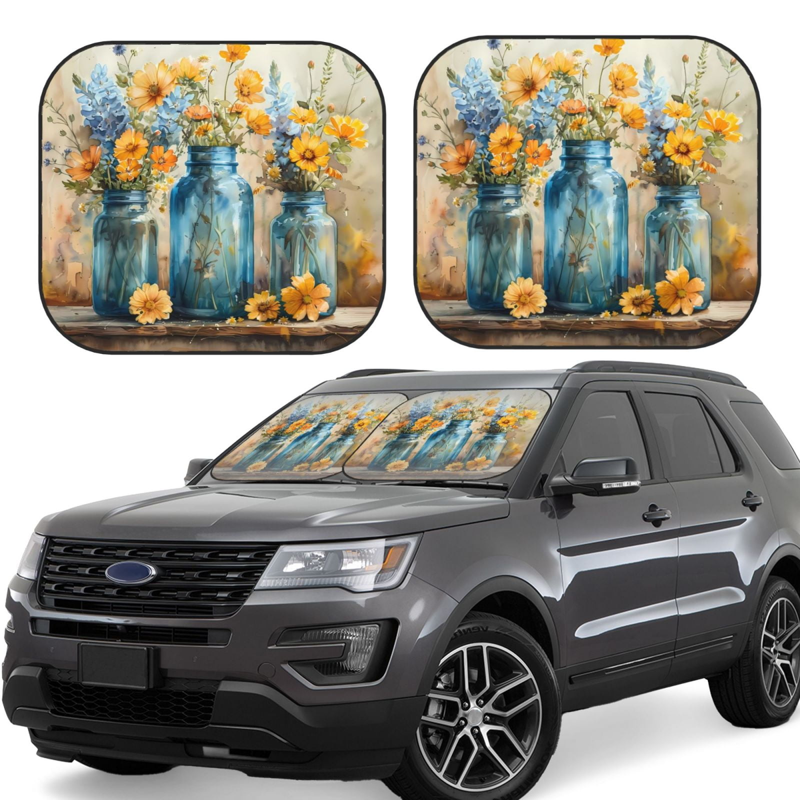 JUNZAN Rustic Blue Vase Blossoms Pattern Car Windshield Sun Shade ...