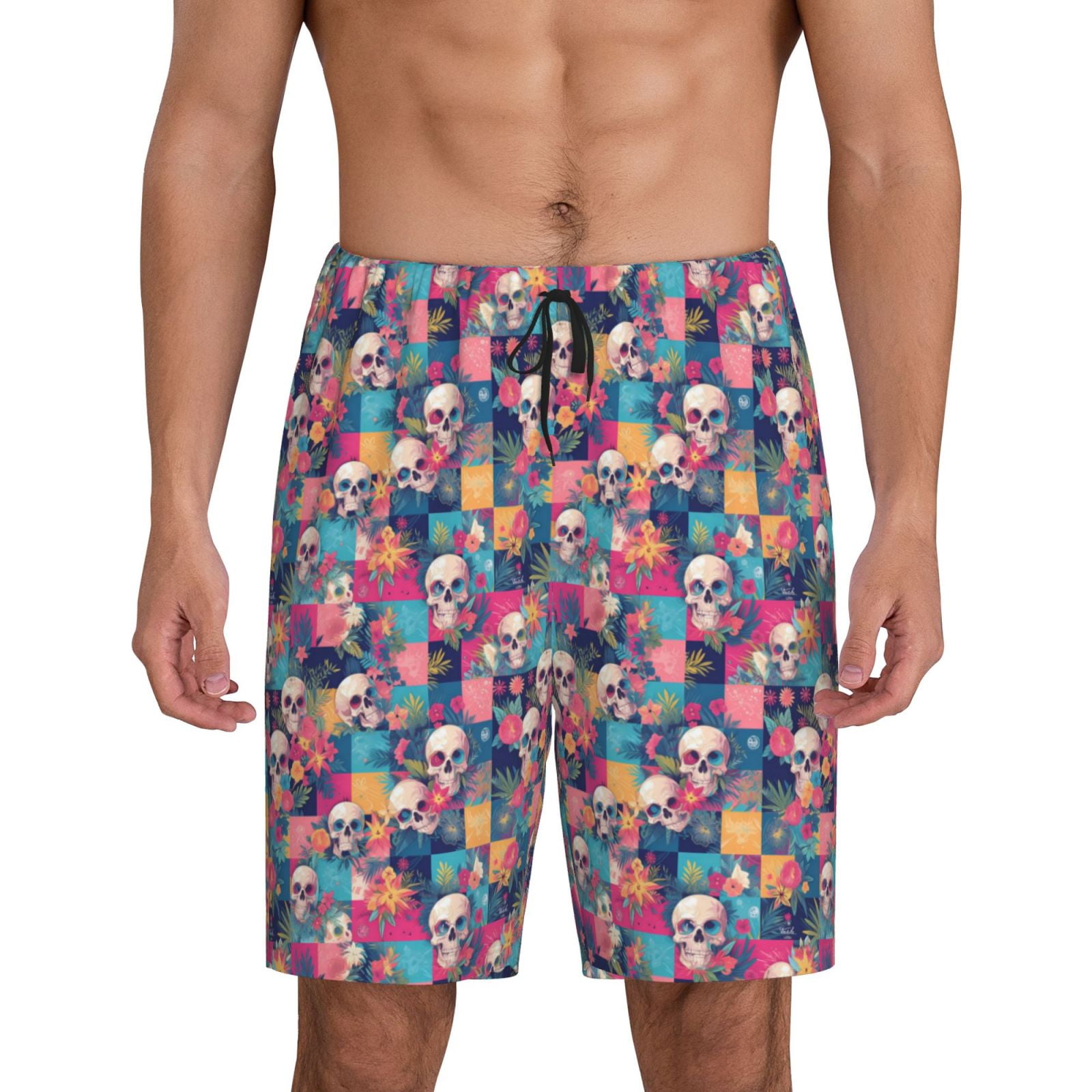 JUNZAN Skull flower leaf Plaid Pattern Sleep Pajama Shorts for Men,Men's Pajama Bottoms ...