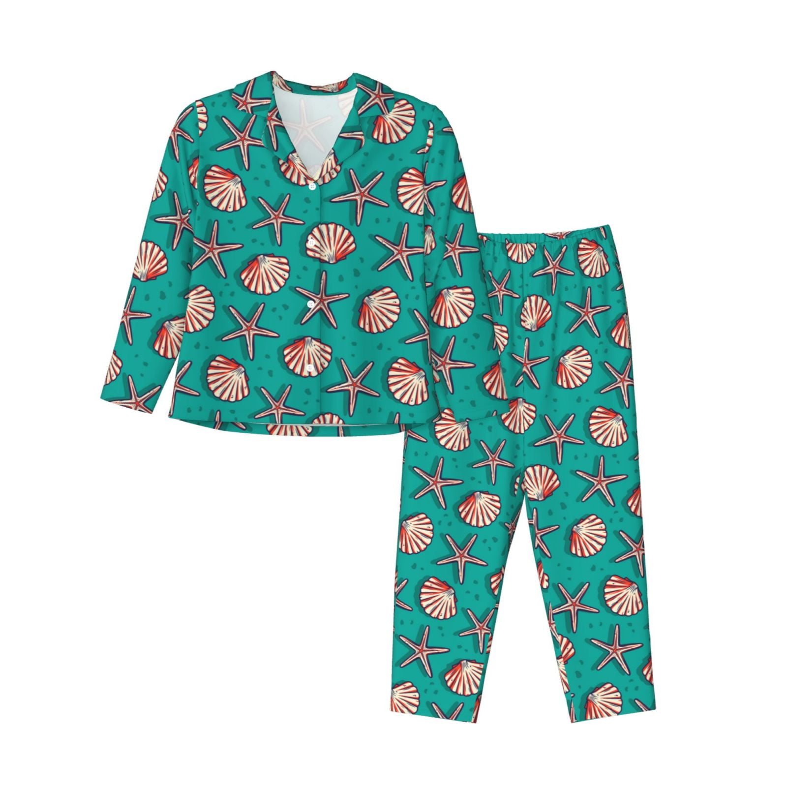 JUNZAN Starfish and Shell Print Womens Pajama Sets,Long Sleeve Button ...