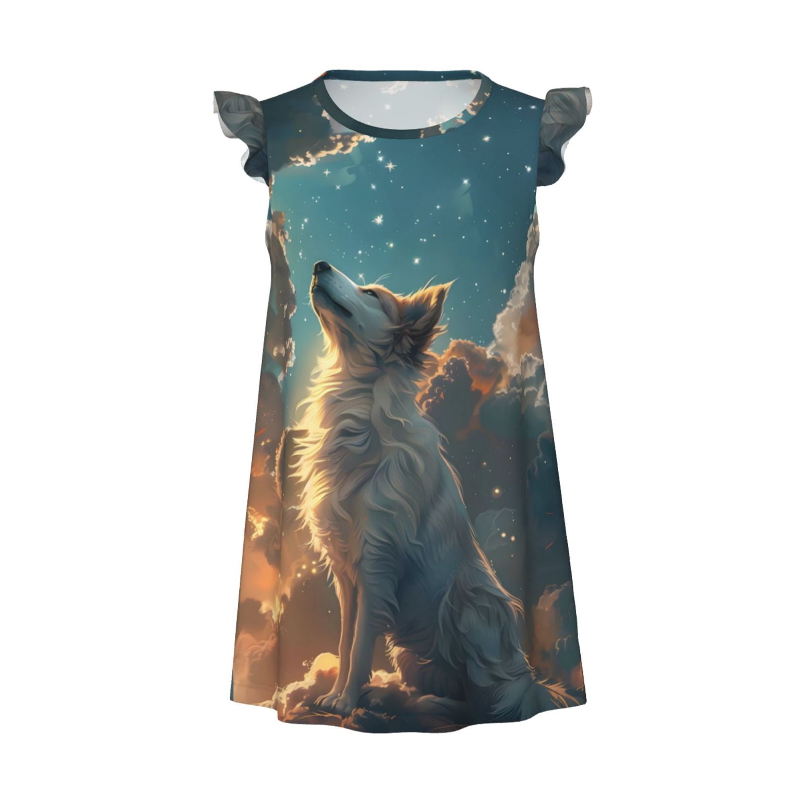 JUNZAN Starry Sky Cloud Wolf Print Girls Nightgown Pajamas - Soft ...
