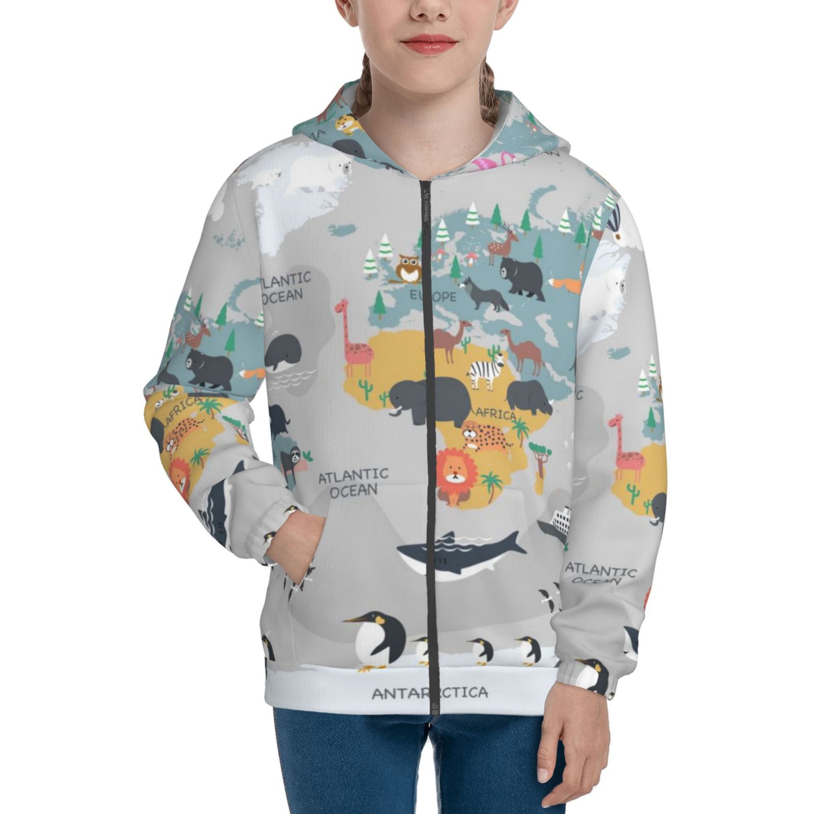 JUNZAN The World Map with Cartoon Animals Print Kids Zip Up Hoodies Long Sleeve for Boys or ...
