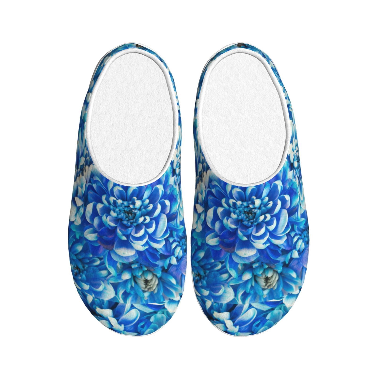 JUNZAN Vibrant Blue Floral Print Cozy Slippers for Men& Women,Fuzzy ...