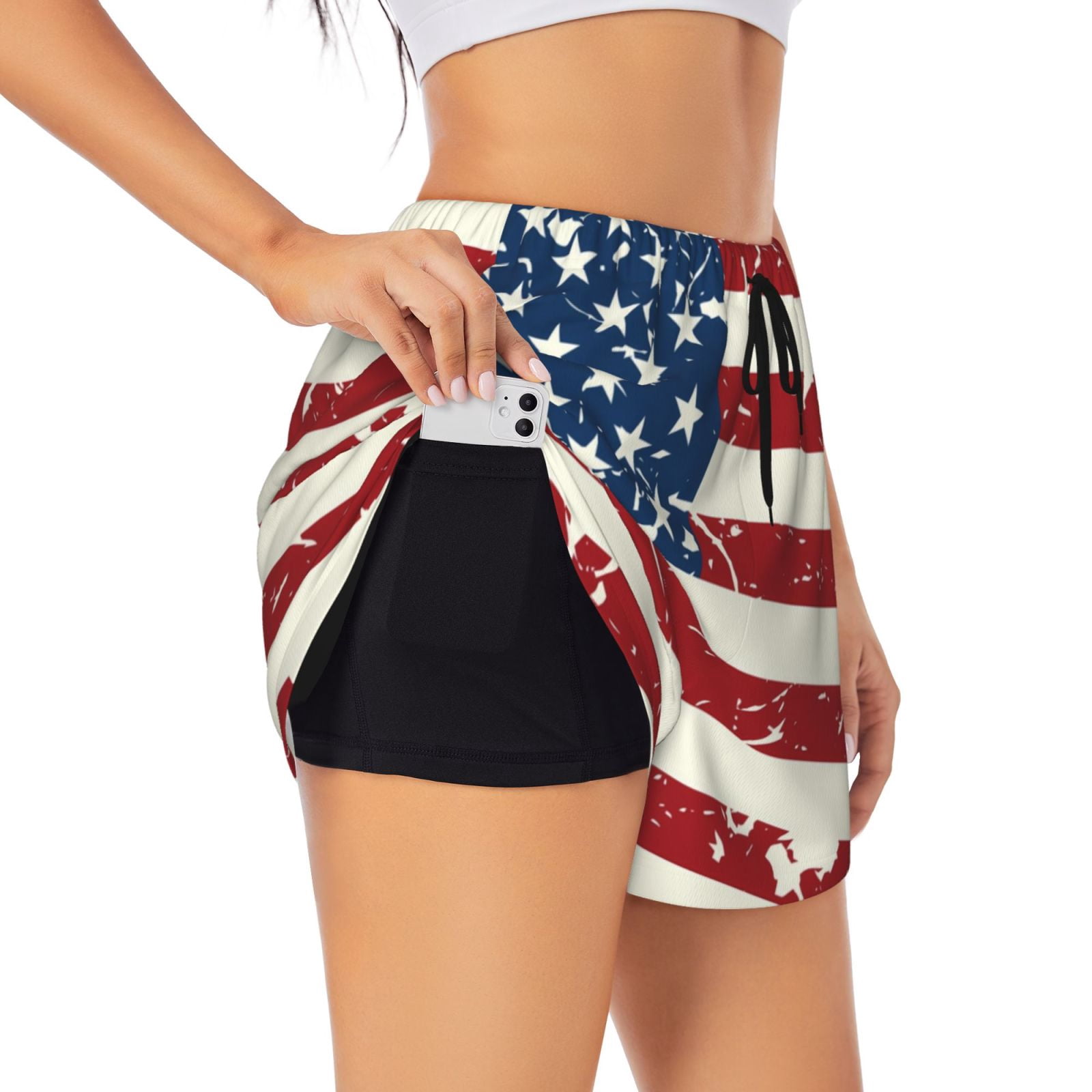 JUNZAN Vintage American Flag Print Women's Athletic Gym Running Shorts ...