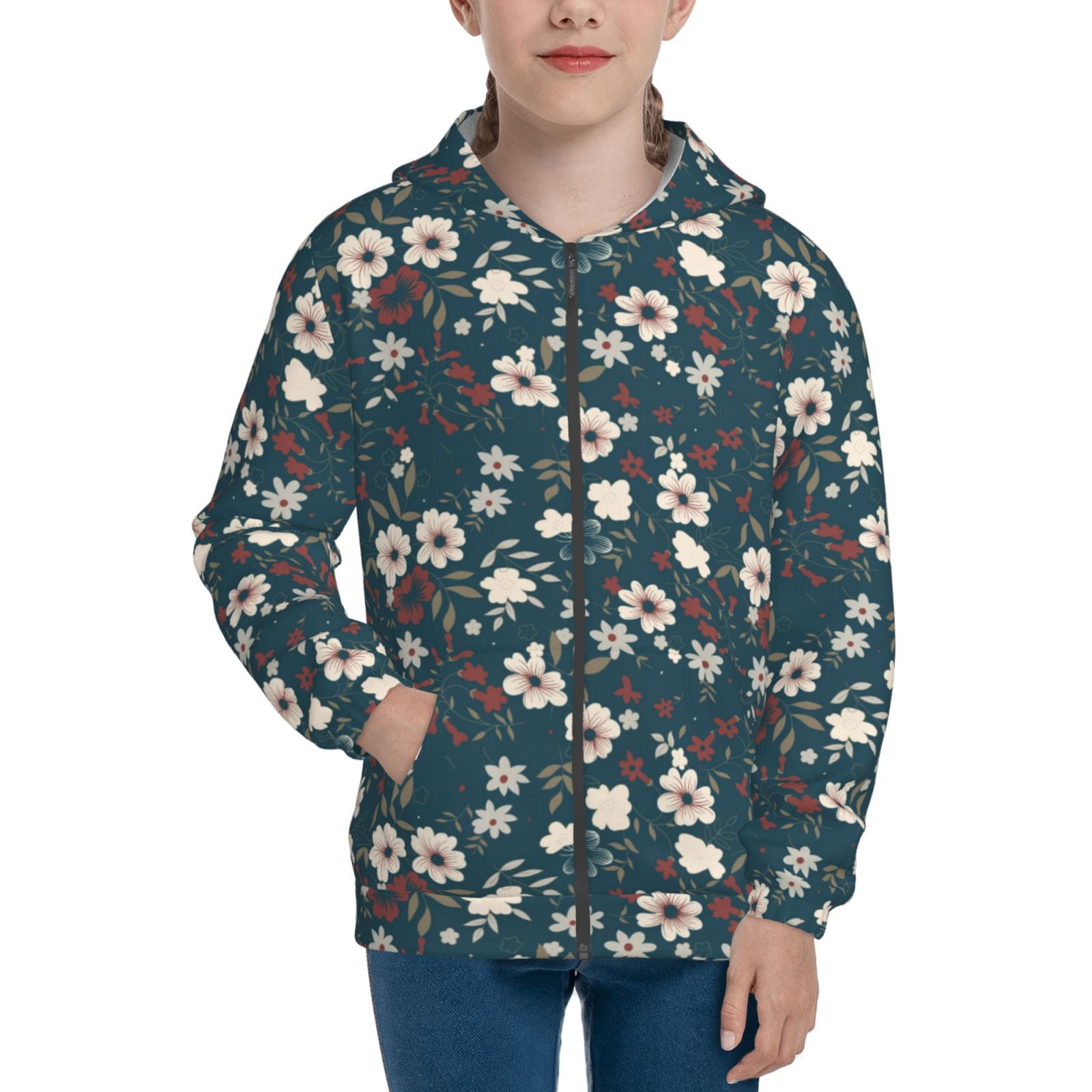 JUNZAN Vintage Floral Print Kids Zip Up Hoodies Long Sleeve for Boys or Girls Casual Oversized ...