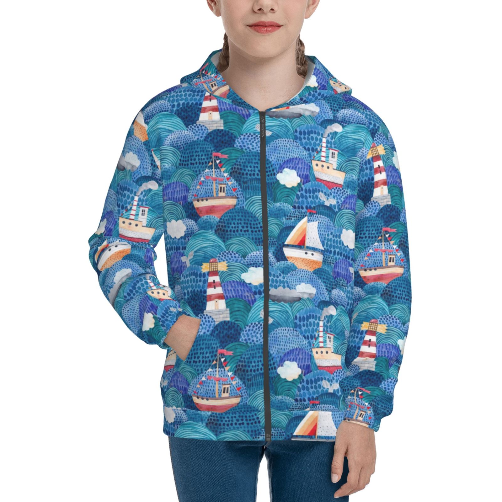 JUNZAN Watercolor Ships Print Kids Zip Up Hoodies Long Sleeve for Boys ...
