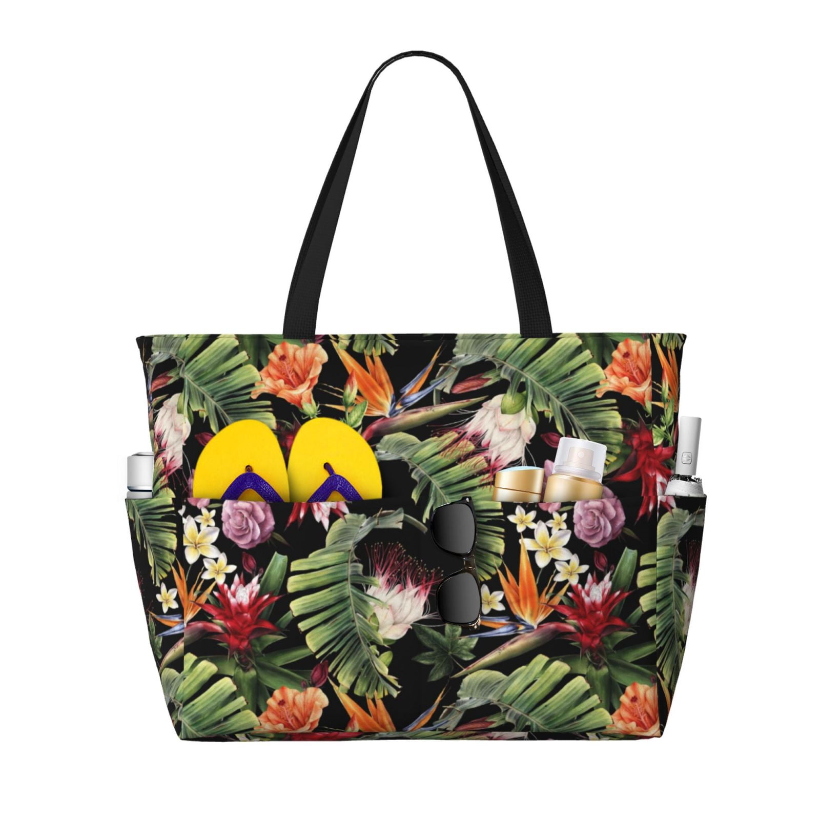 JUNZAN Watercolor Tropical Flowers Pattern Women's Large Beach Bag ...