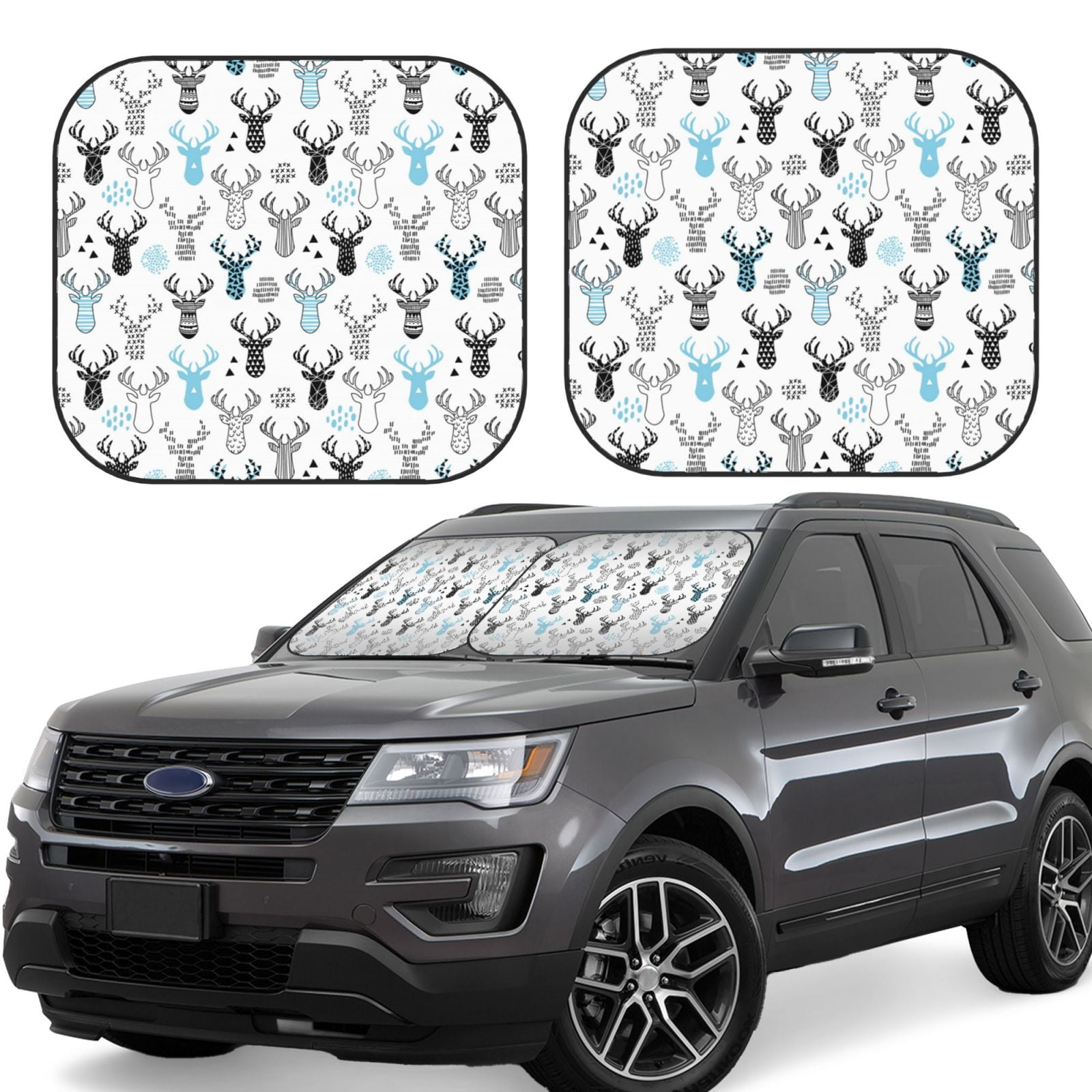 JUNZAN Winter Art Blue and Black Moose Pattern Car Windshield Sun Shade ...