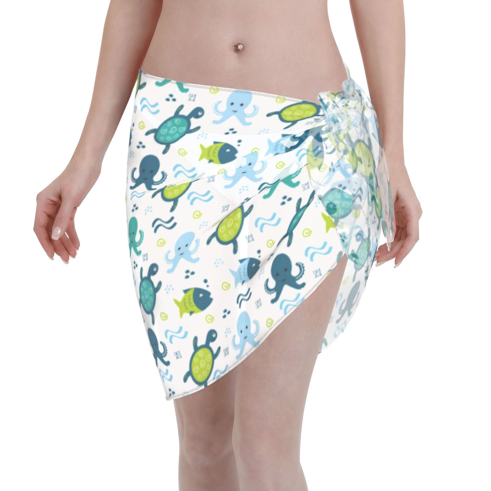 JUNZAN Women Chiffon Short Sarongs Cover Ups Beach Swimsuit Wrap Skirt,Cartoon Sea Creatures ...