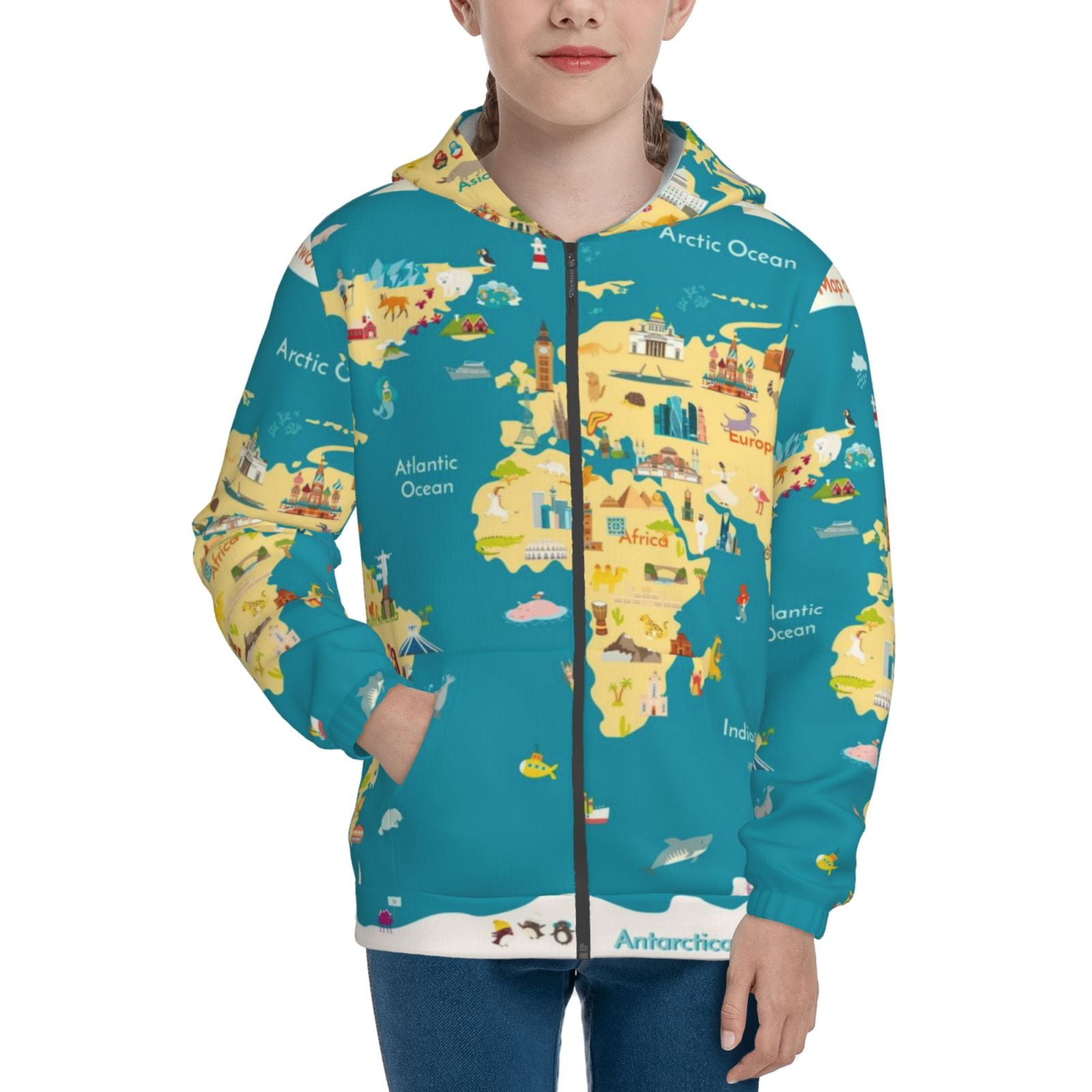 JUNZAN World Map With Landmarks Print Kids Zip Up Hoodies Long Sleeve ...