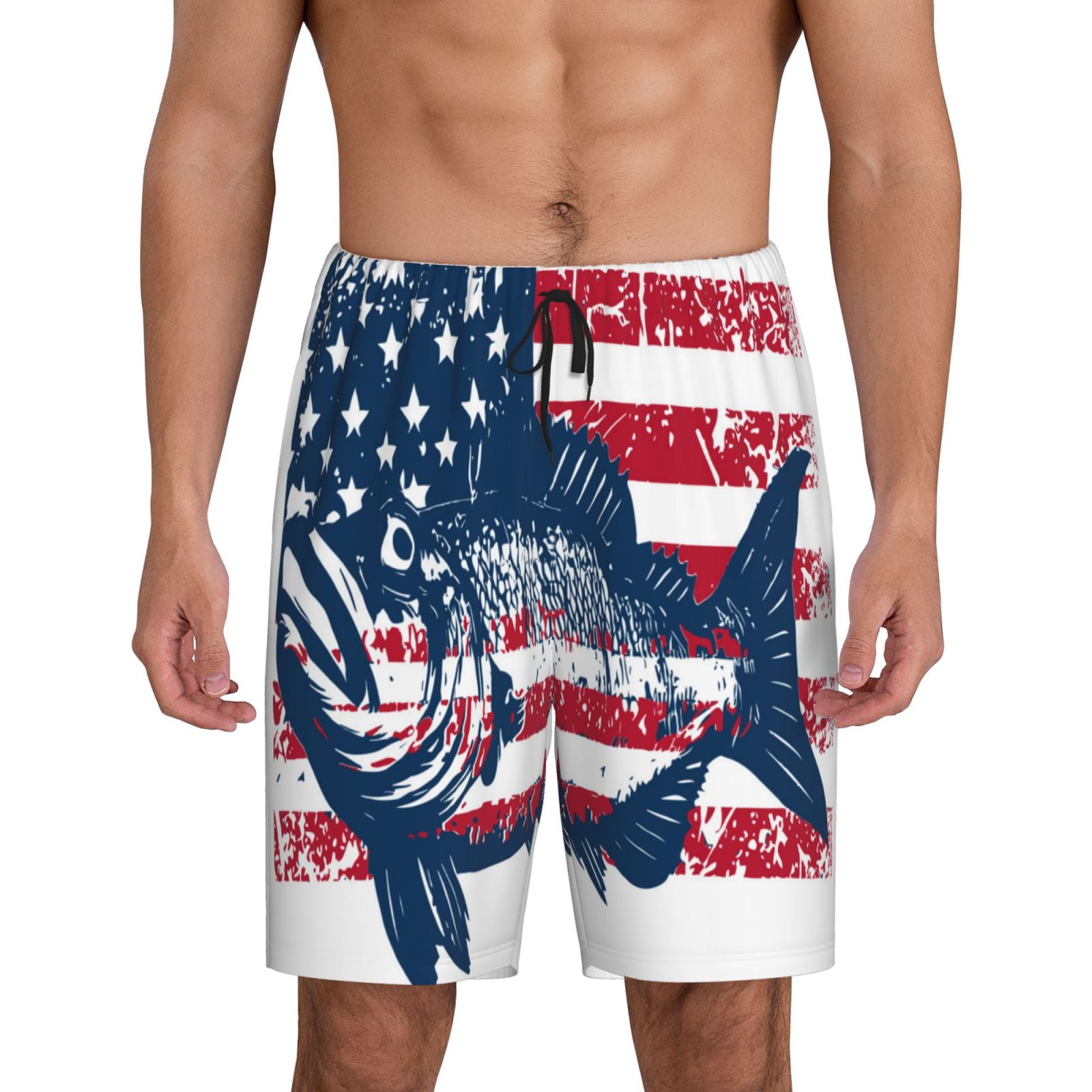 JUNZAN bass fish with the USA flag Pattern Sleep Pajama Shorts for Men ...
