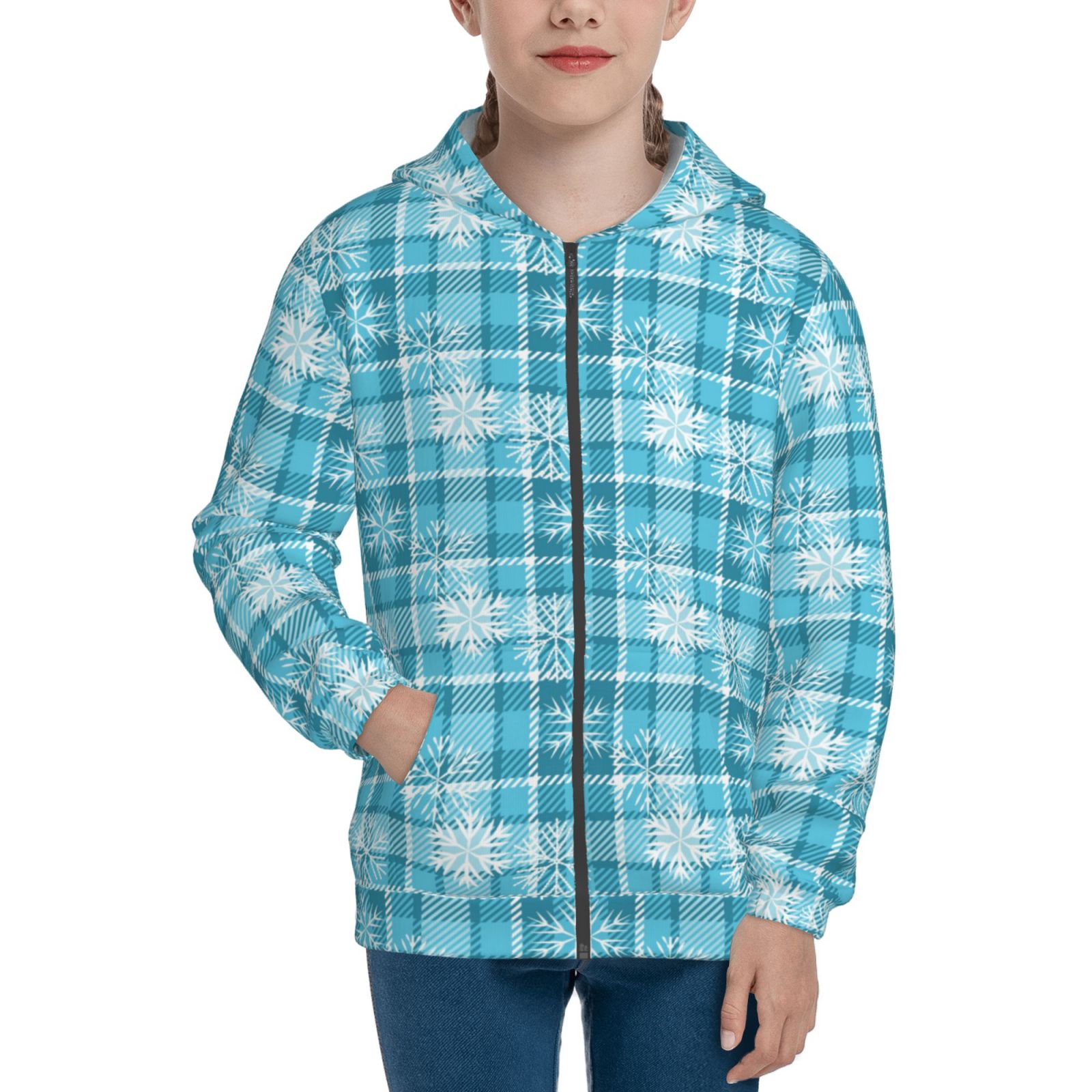 JUNZAN blue plaid Snowflake Print Kids Zip Up Hoodies Long Sleeve for ...