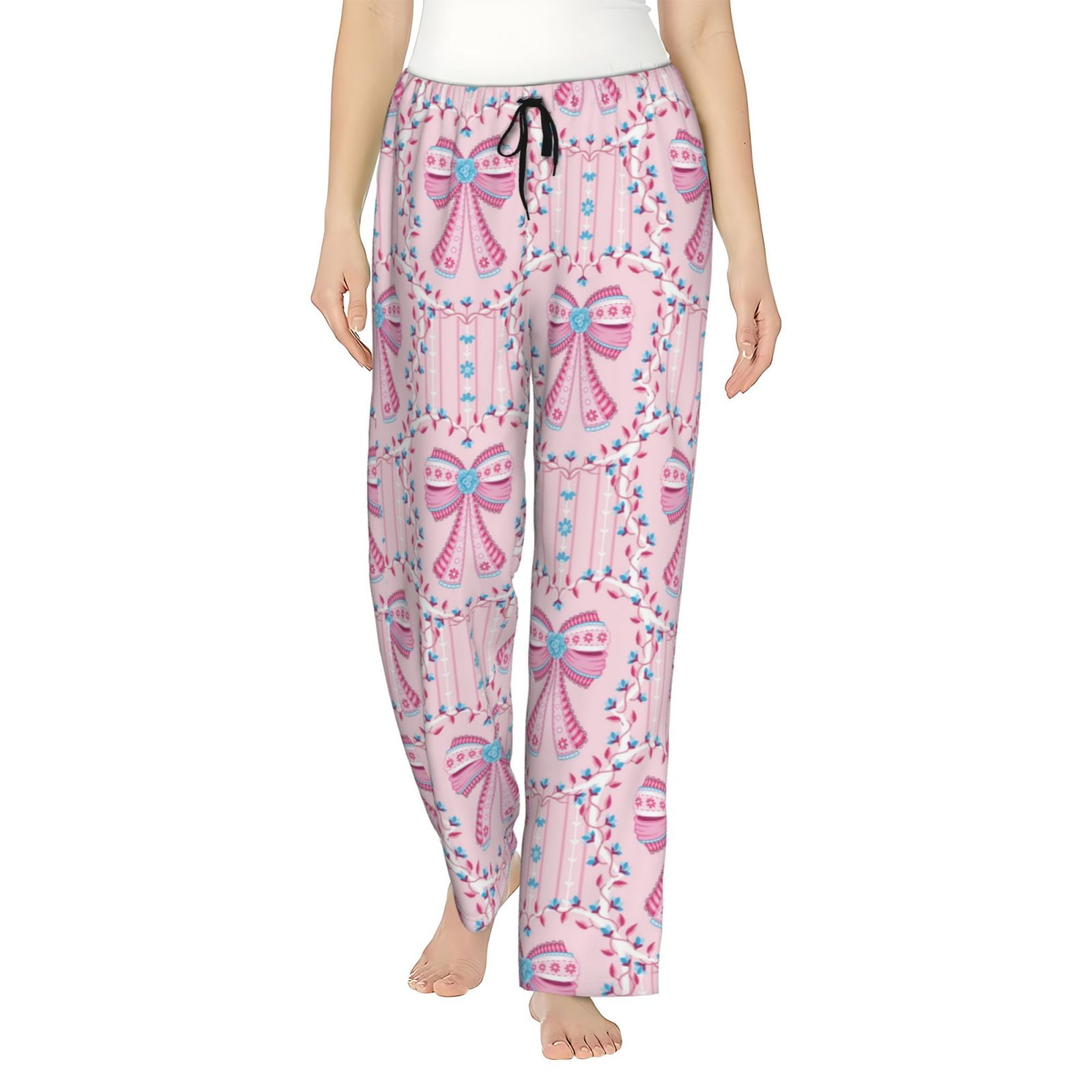 JUNZAN pink bows Women's Pajama Pants Drawstring Comfy Sleep Bottoms ...