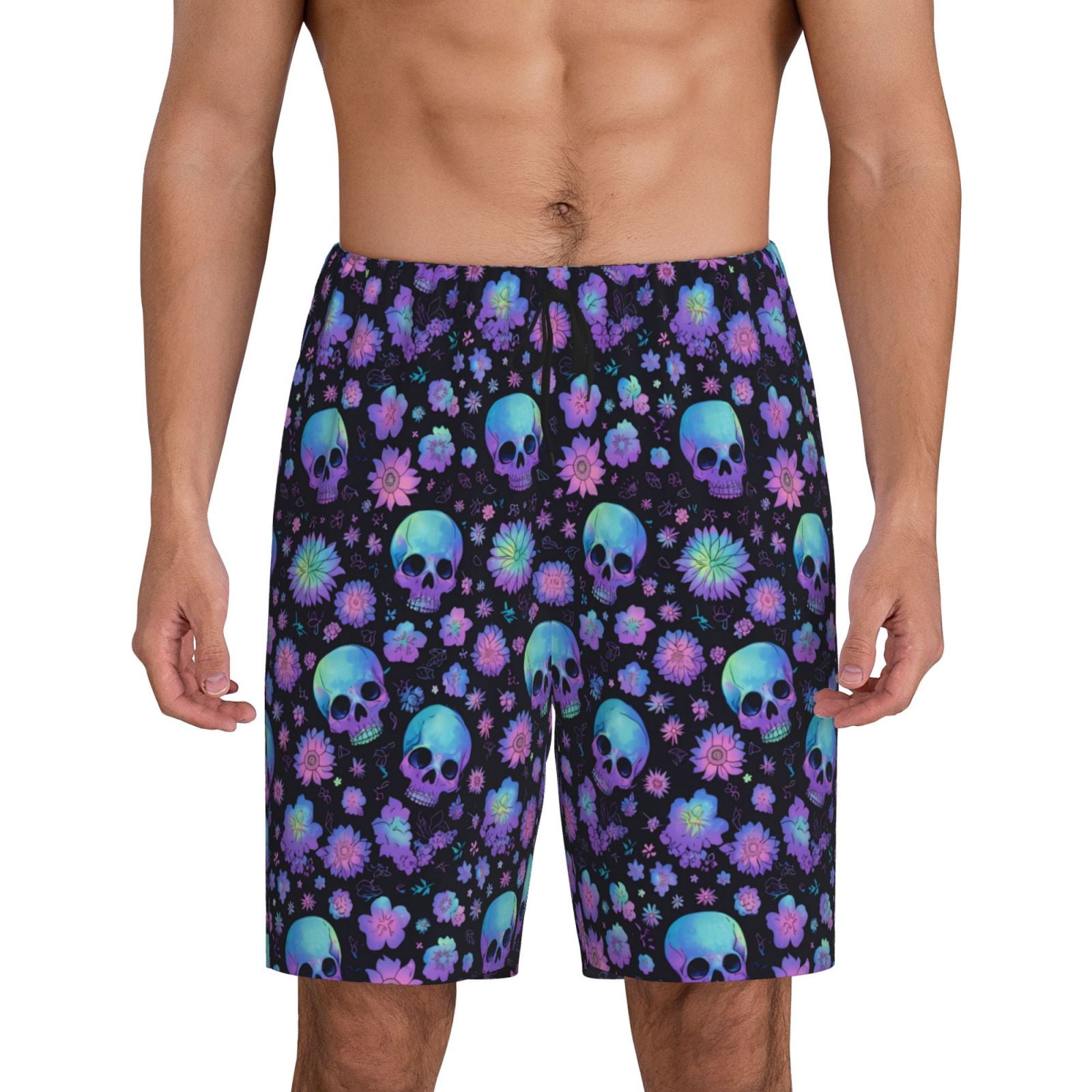 JUNZAN purple Skull flower Pattern Sleep Pajama Shorts for Men,Men's ...