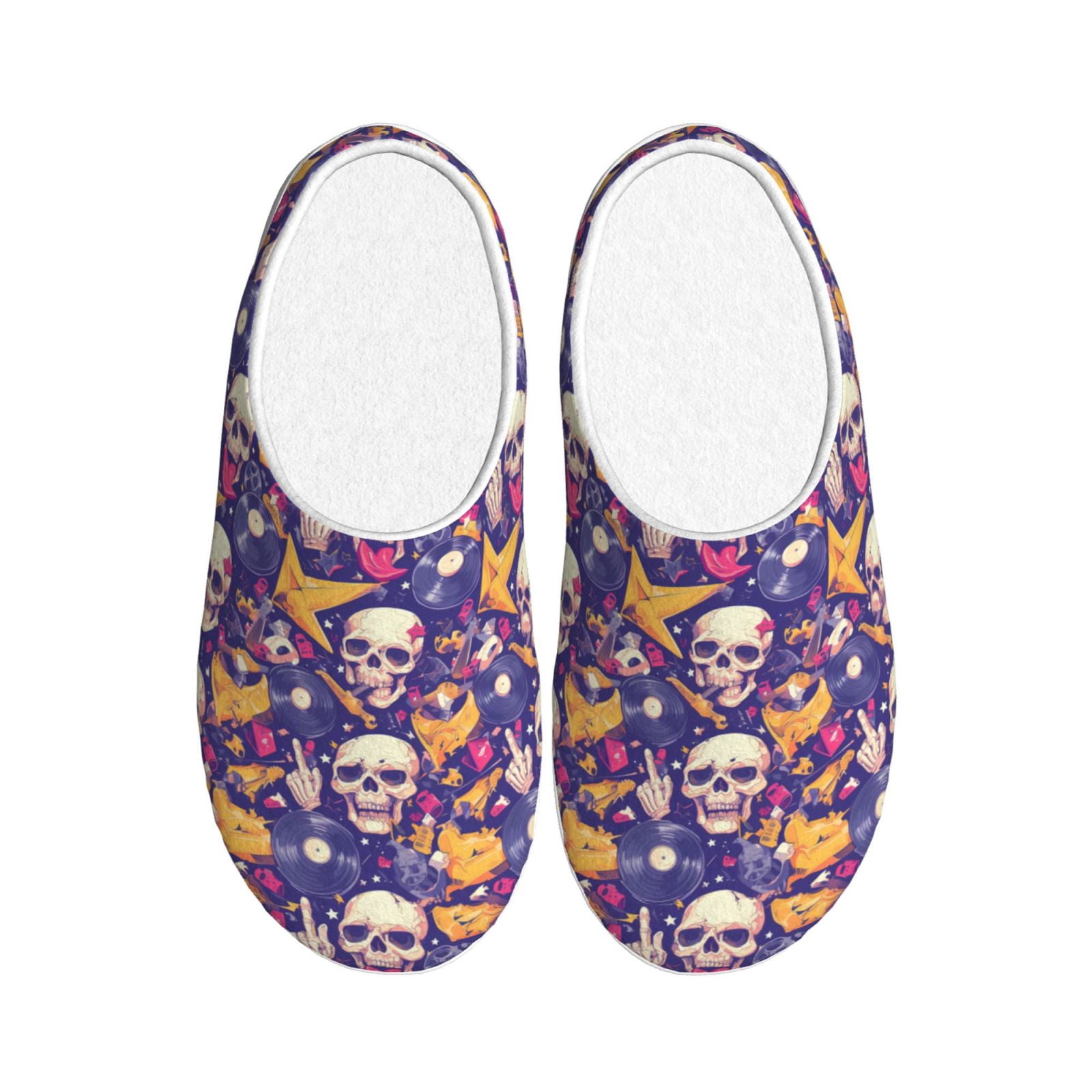 JUNZAN rock Skull record Print Cozy Slippers for Men& Women,Fuzzy Slip ...