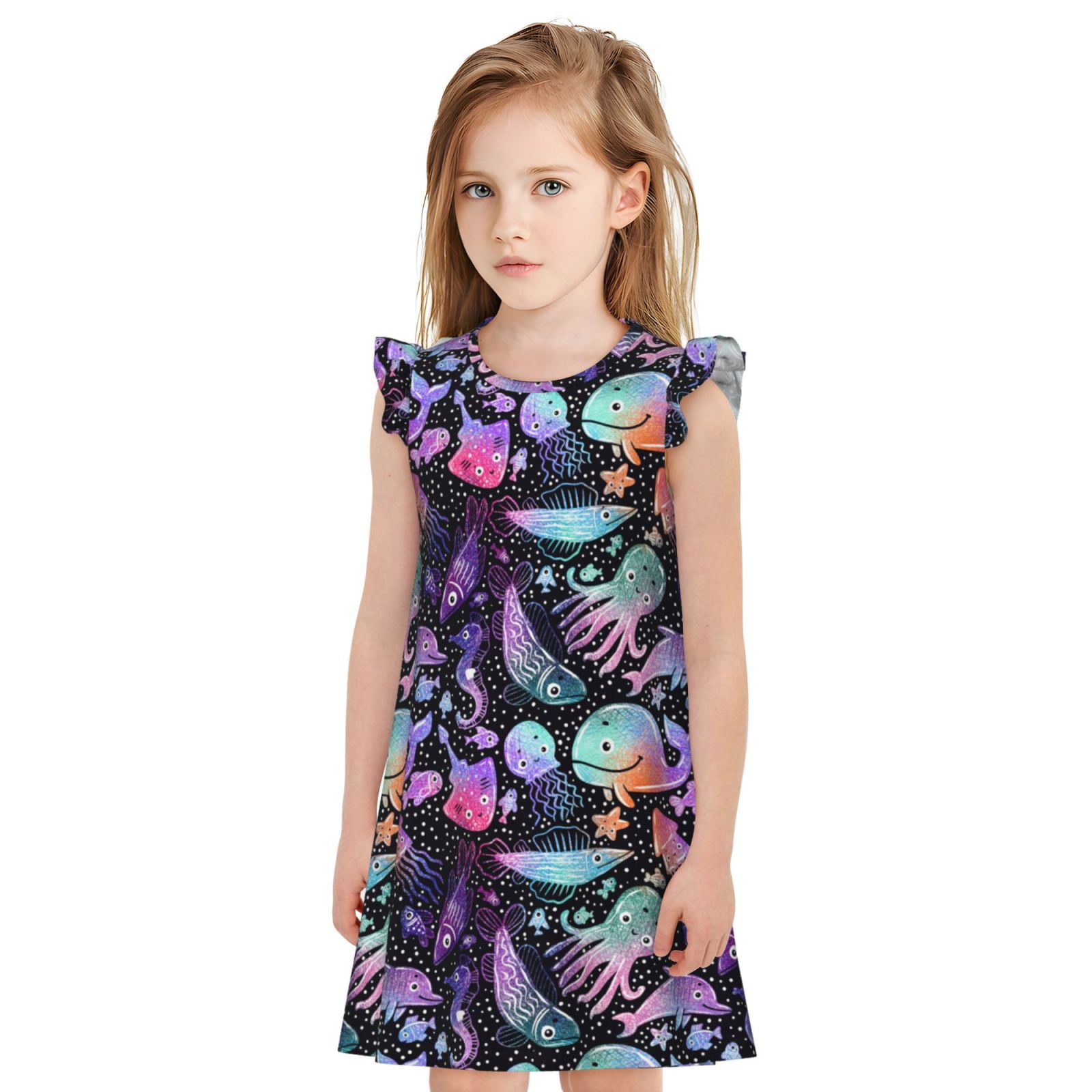 JUNZAN whale fish octopus Print Girls Nightgown Pajamas - Soft Toddler ...