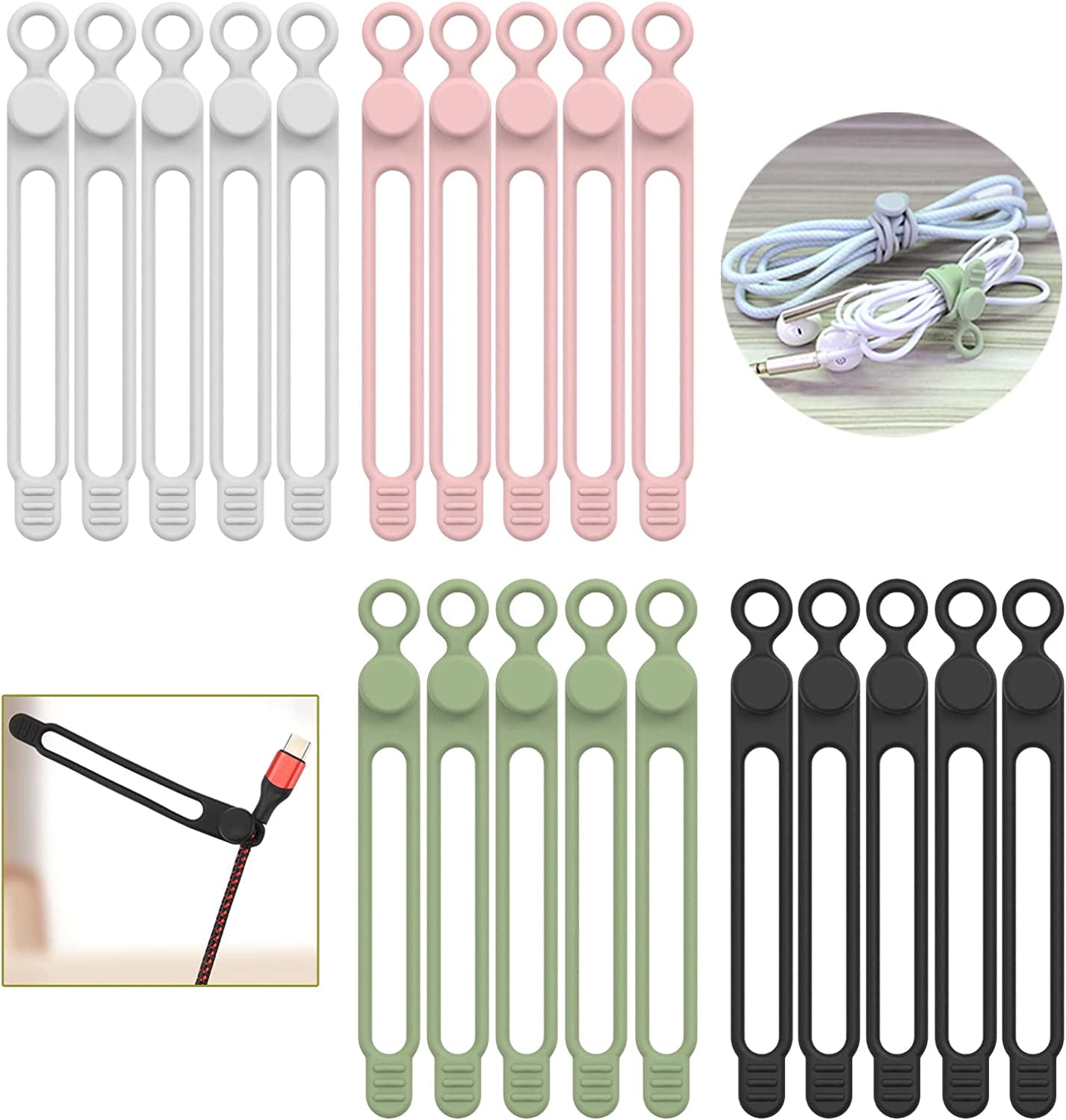 JUNZHIDAO Silicone Cable Ties, 20pcs Reusable Cable Management ...