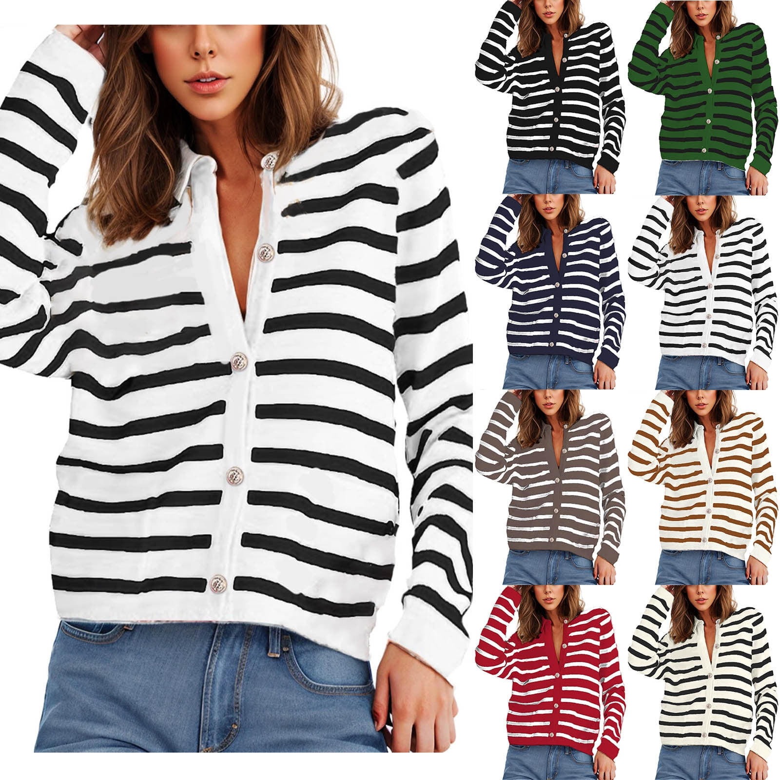 JURANMO Fashion Sweater Cardigans for Women Striped Color Block ...