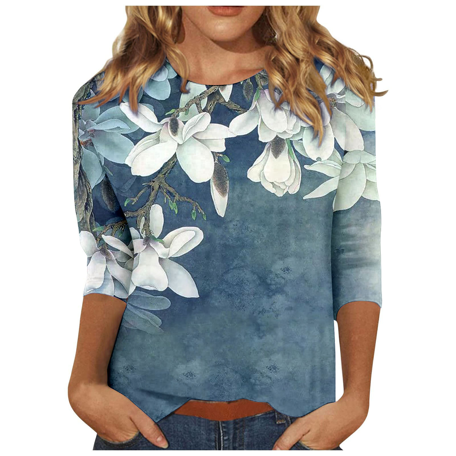 JURANMO Floral Print Tops for Women Casual Lightweight 3/4 Sleeve T ...