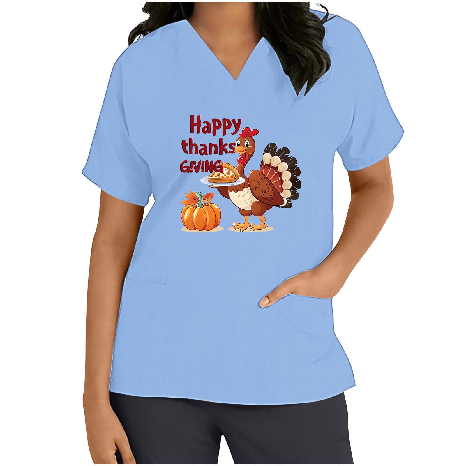 JURANMO Happy Thanksgiving Scrub Tops for Women Short Sleeve V Neck ...