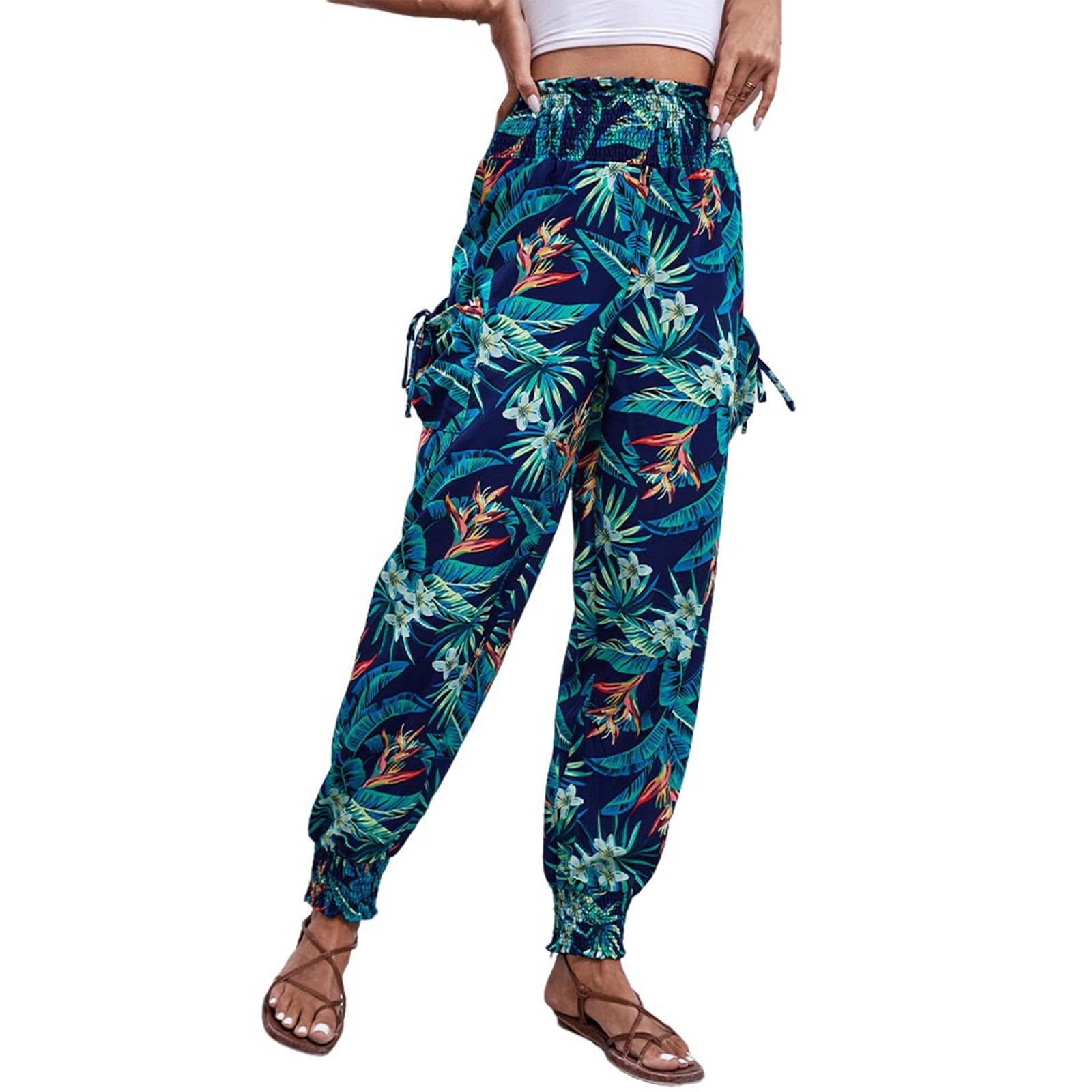 JURANMO Hawaiian Vacation Pants for Women Tropical Floral Casual High ...