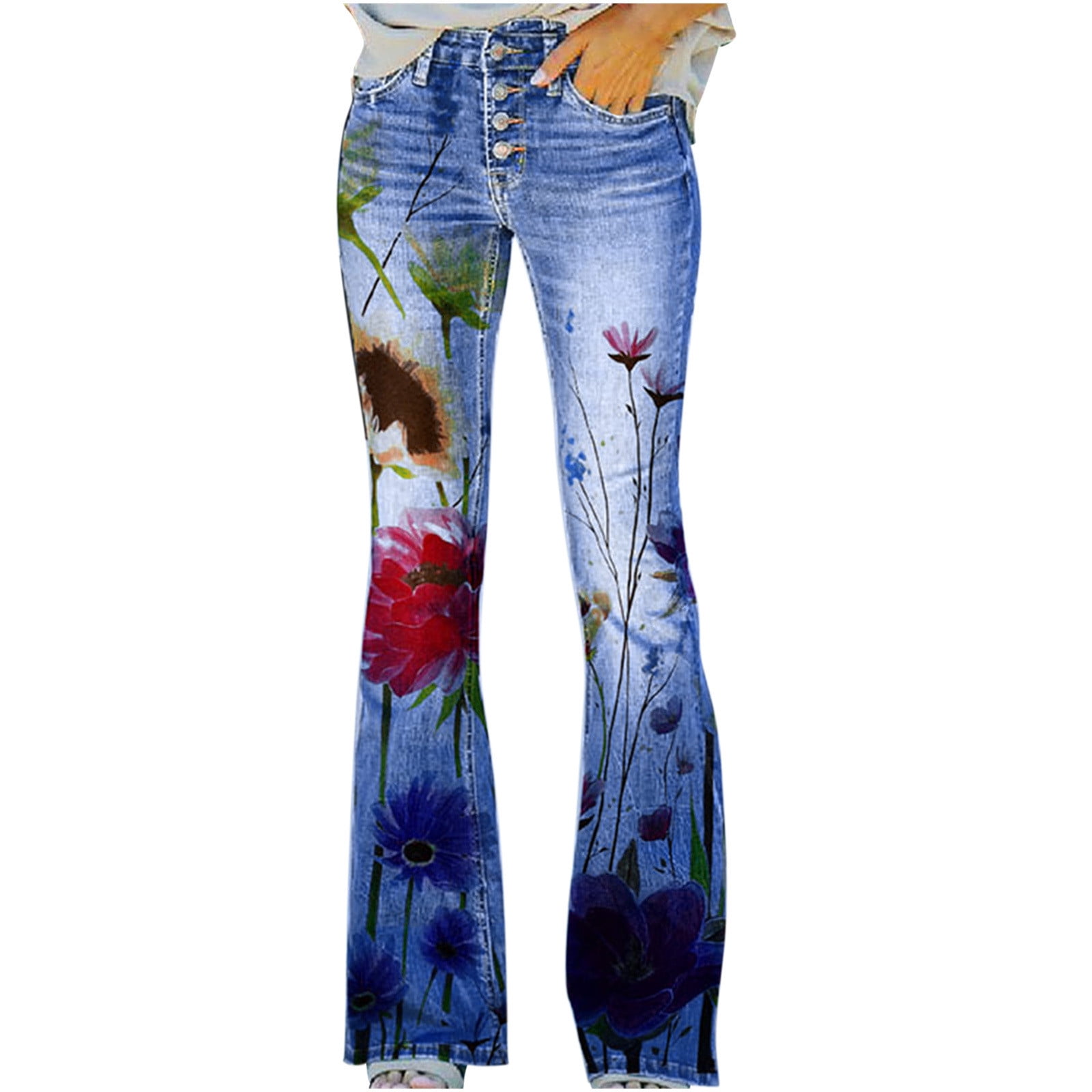 JURANMO High Waist Pants for Women Fashion Printed Faux Jeans Casual ...