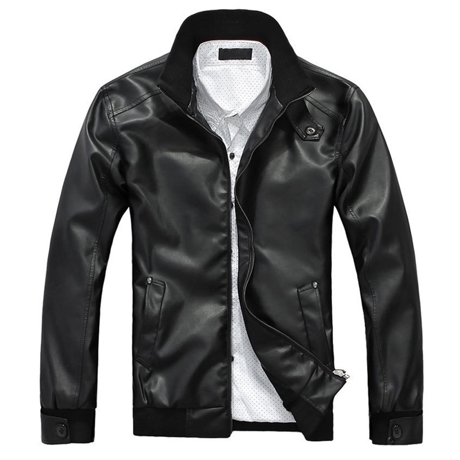 JURANMO Mens Leather Jacket Slim Fit Stand Collar PU Motorcycle Jacket ...