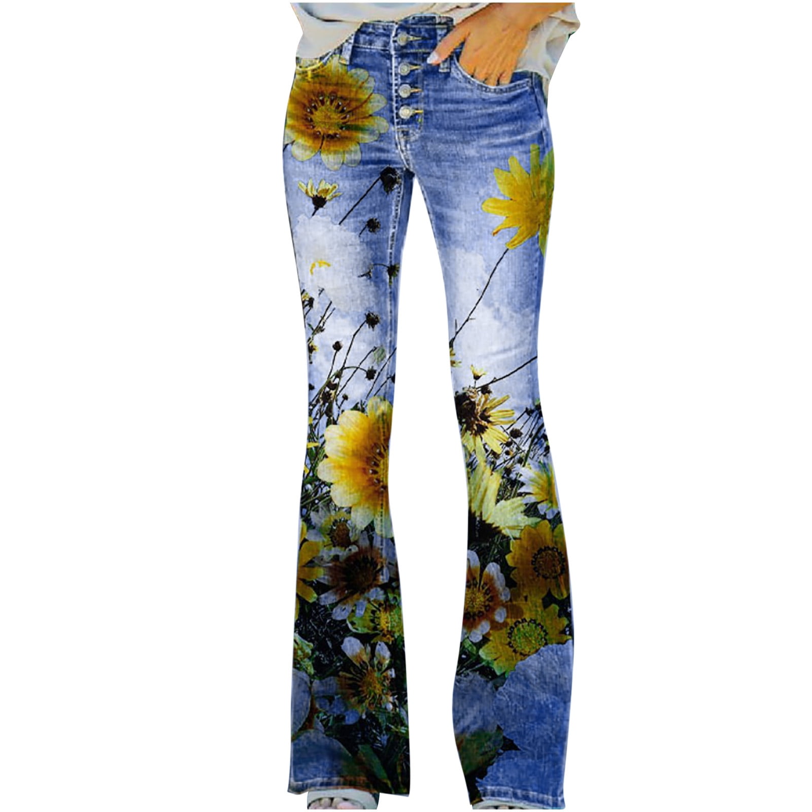 JURANMO Plus Size Flare Jeans for Women Trendy Sunflower Print High ...