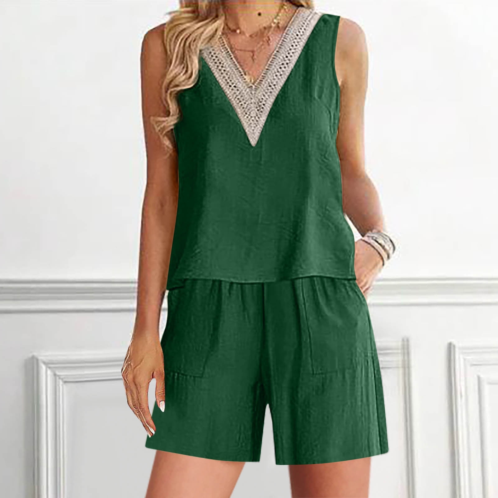 JURANMO Two Piece Linen Short Set for Women,Women's Summer 2 Piece Outfits Cotton Linen Set Lace ...