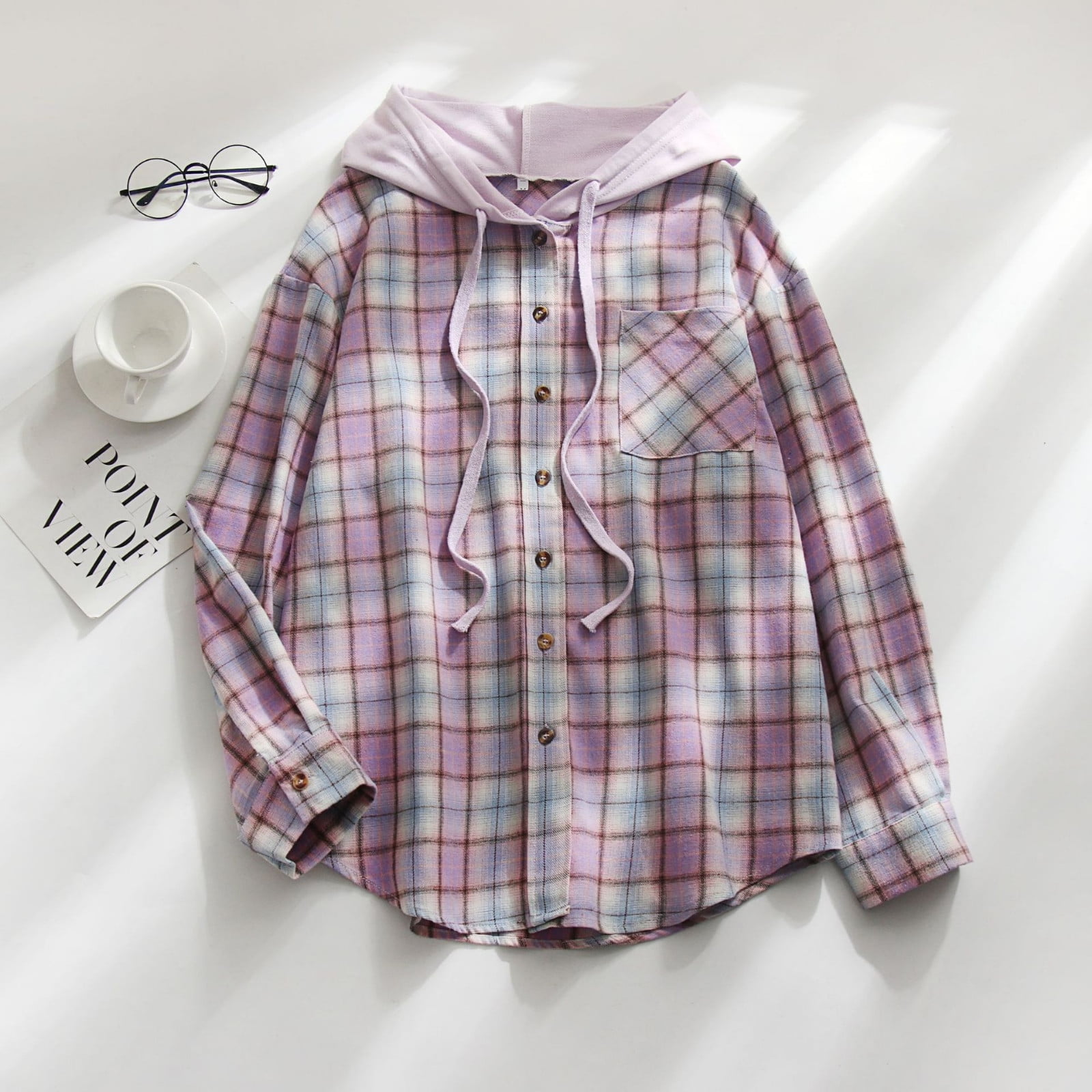 JURANMO Women's Plaid Button Front Hoodie Overshirt Jacket,2024 Fall ...