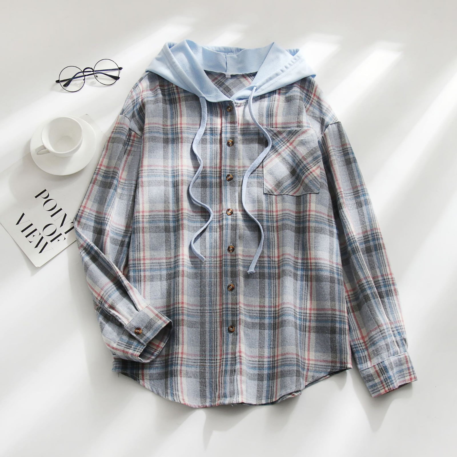 JURANMO Women's Plaid Button Front Hoodie Overshirt Jacket,2024 Fall ...