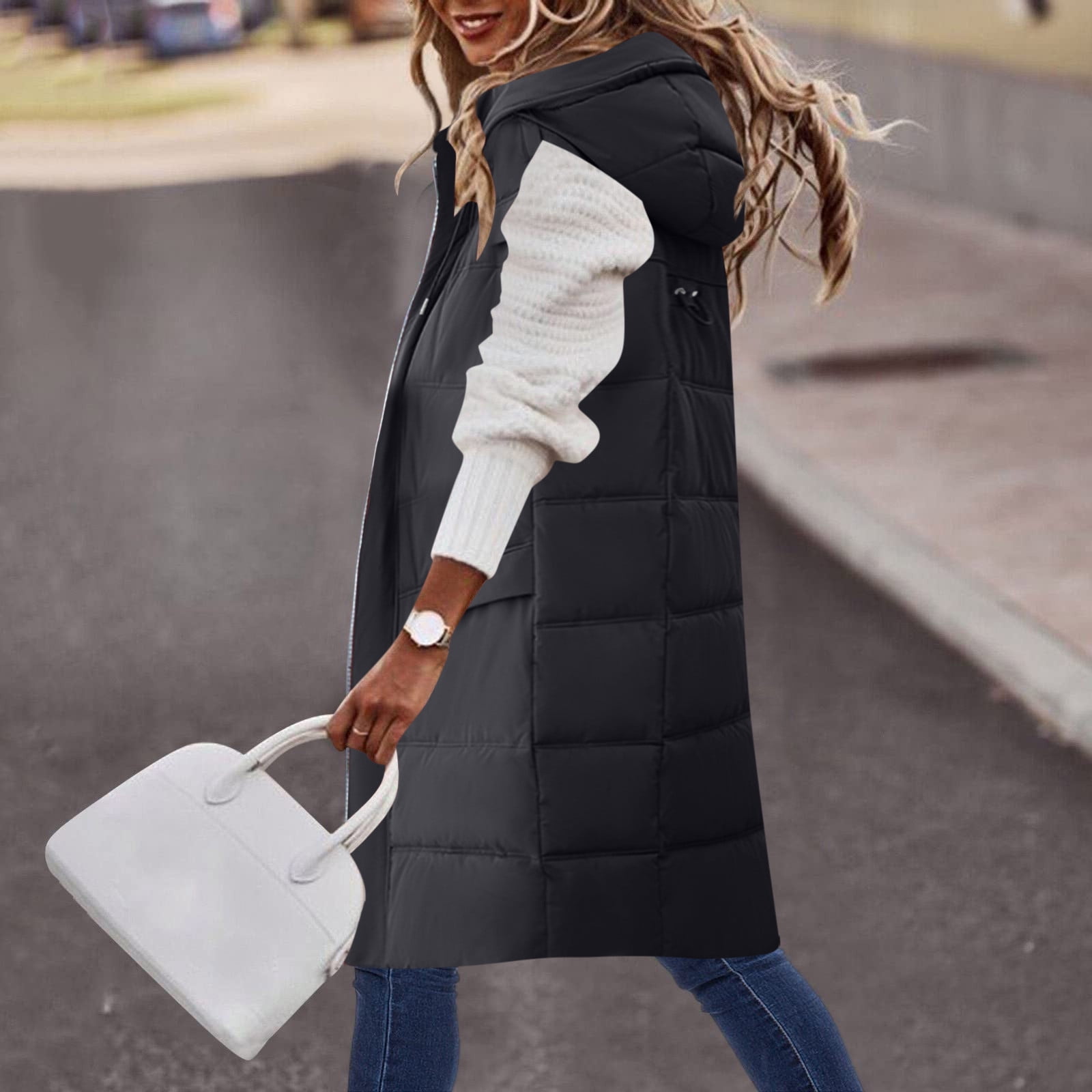 JURANMO Womens Sleeveless Quilted Long Puffer Vest Hooded Full Zip ...