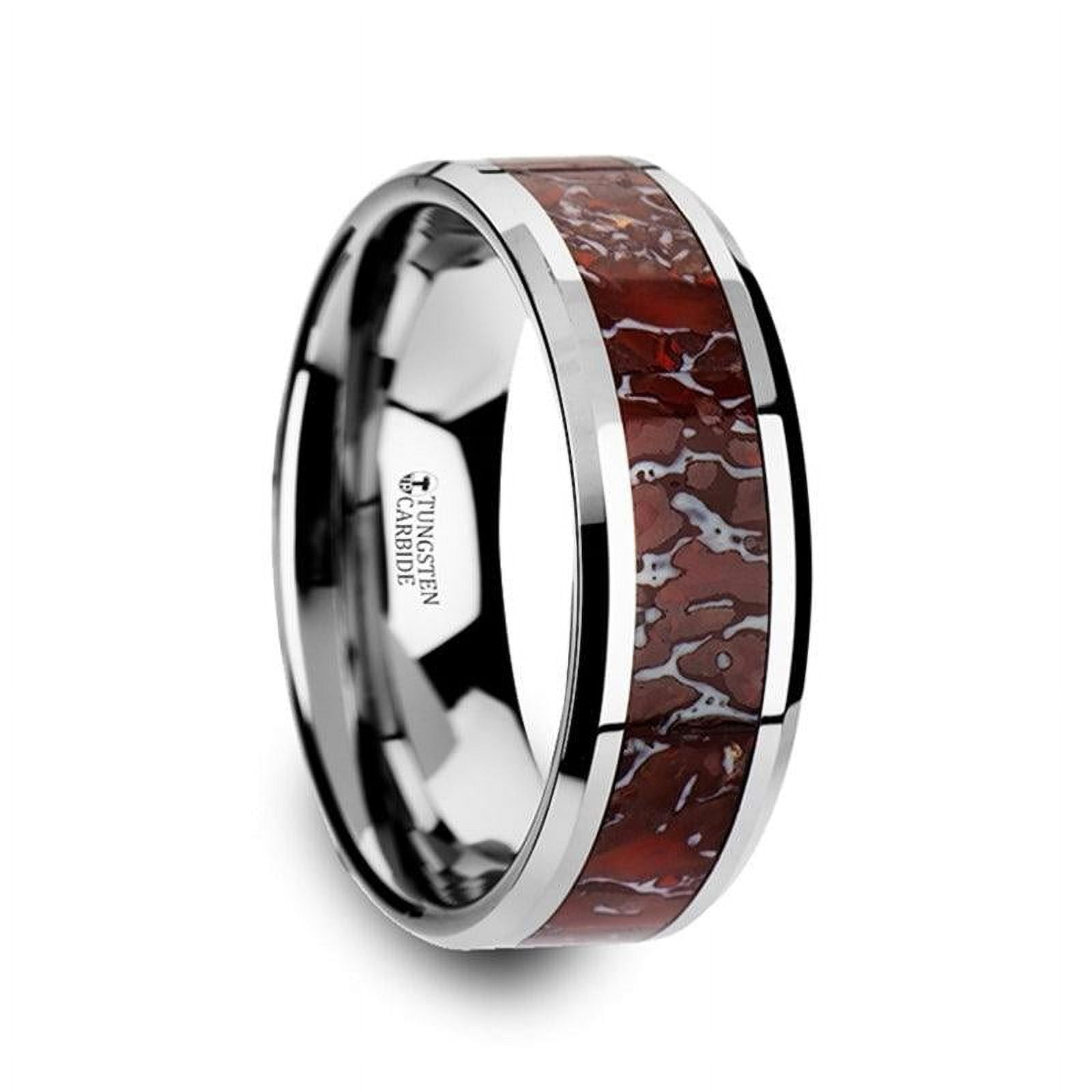 JURASSIC Red Dinosaur Bone Inlaid Tungsten Carbide Beveled Edged Ring ...