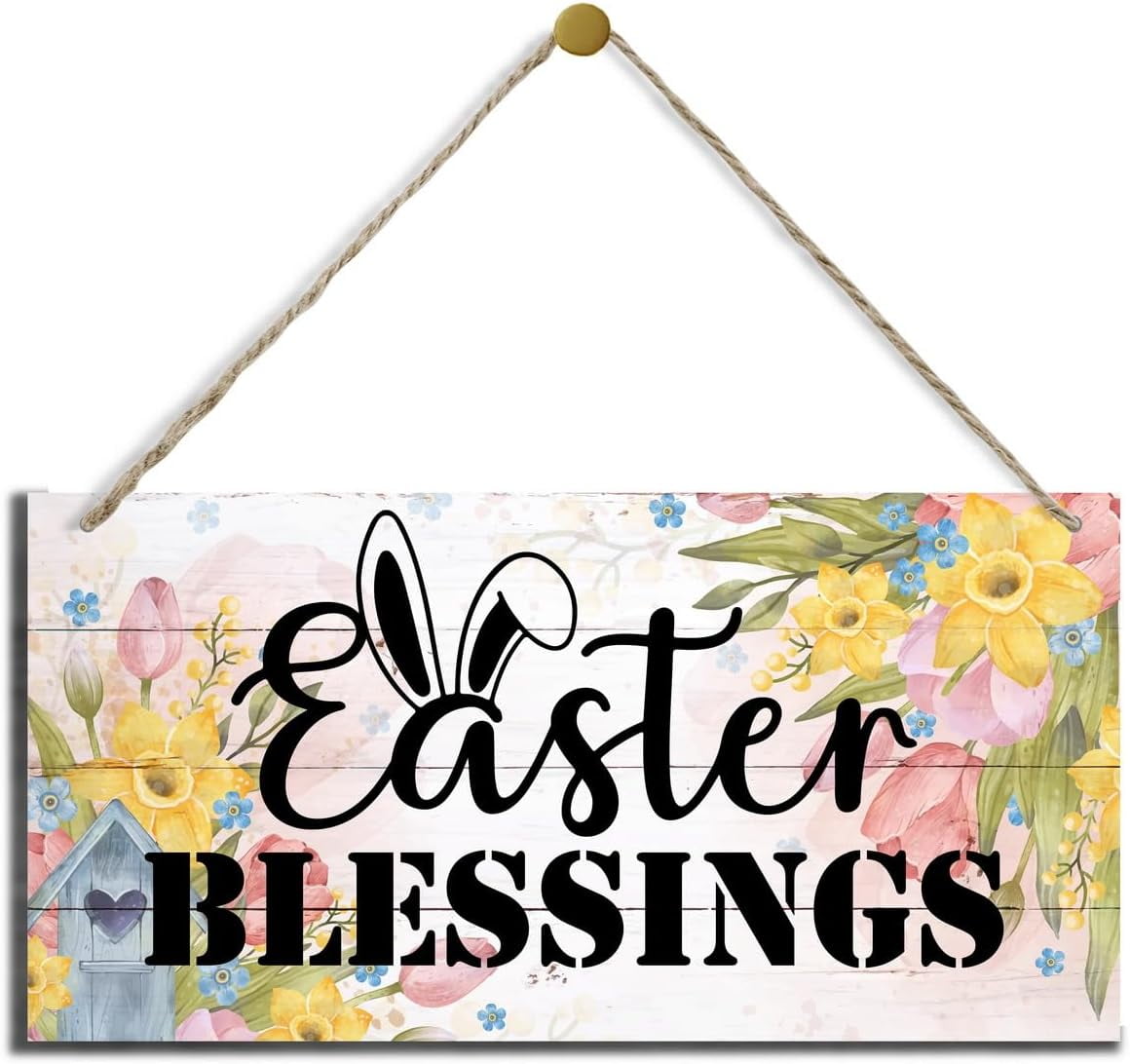 JUSIP 12x6 in Blessing Easter Flower Decoration Sign Deco, Hanging Wood ...