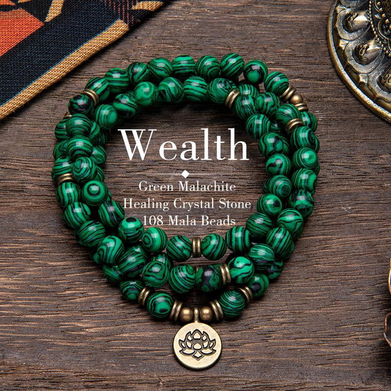 JUSIP 8mm Green Malachite Healing Crystal Stone 108 Mala Beads Money ...