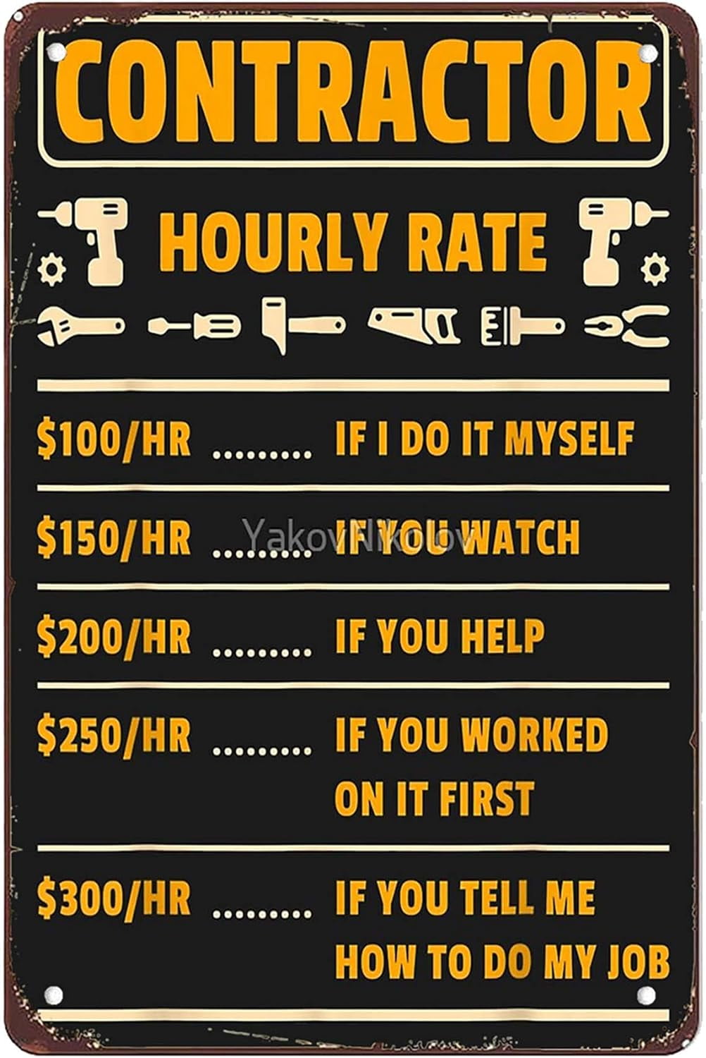 JUSIP 8x12 Inch Contractor Hourly Rate Price Chart Metal Thin Signs For ...