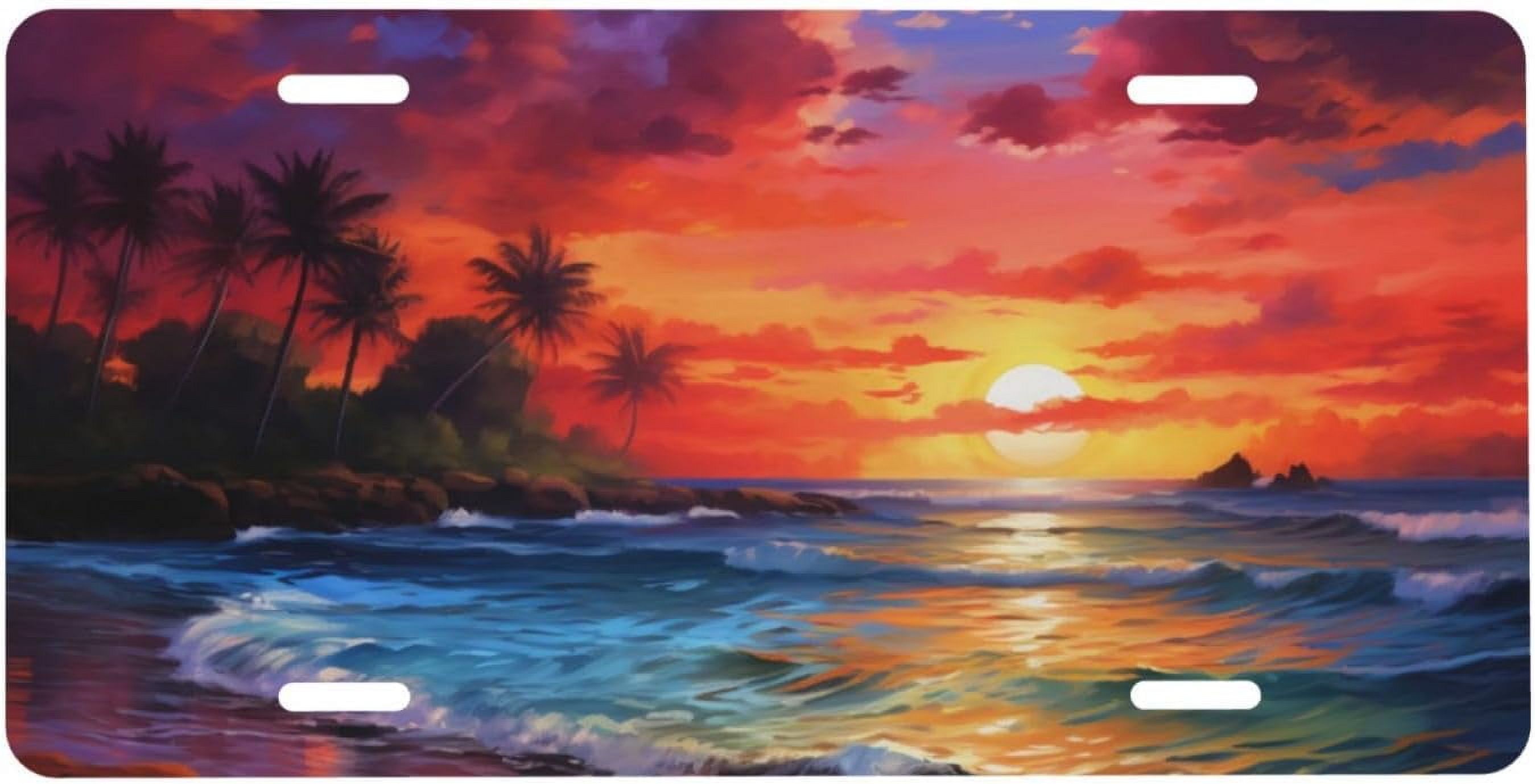 JUSIP Aluminum Alloy License Plate, Beach Oil Painting Printed ...