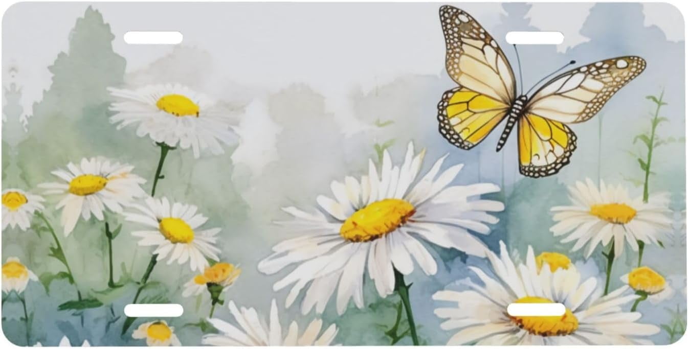 JUSIP Aluminum Alloy License Plate, White Daisies And Butterflies ...