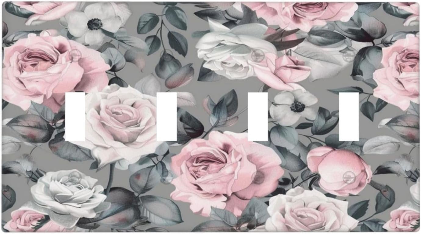 JUSIP Light Switch Cover Plate Tea Rose Sliver Gray Floral Pink Flower ...