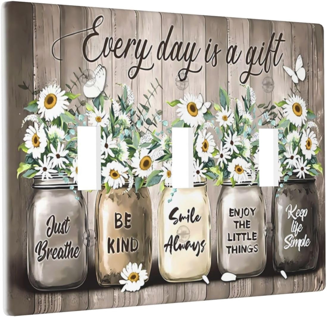 JUSIP Rustic Brown Wood Print Daisy Light Switch Cover 3 Gang Triple ...