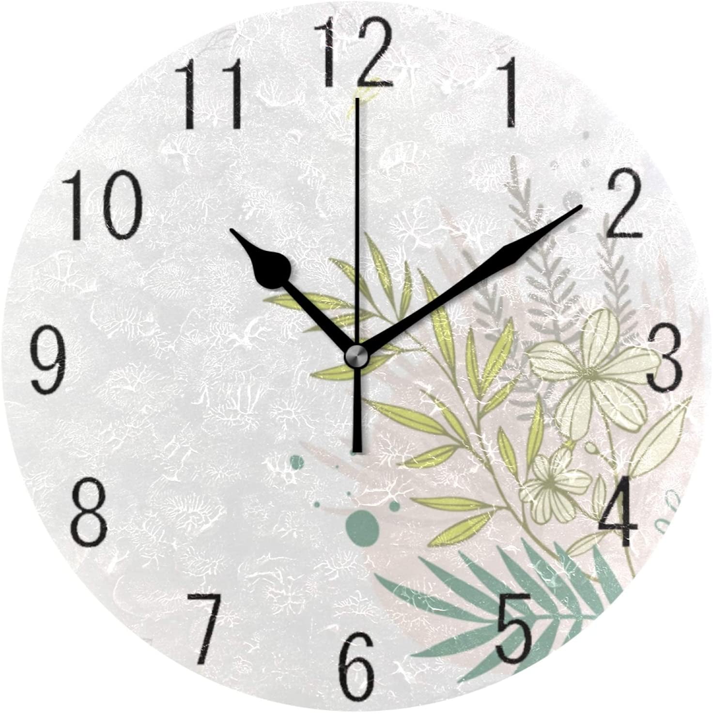 JUSIP Silent Round Wall Clock, Floral Non-Ticking Decorative Battery ...