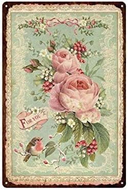 JUSIP Vintage Pink Rose Flower Metal Sign, Tin Sign Vintage Wall Decor ...