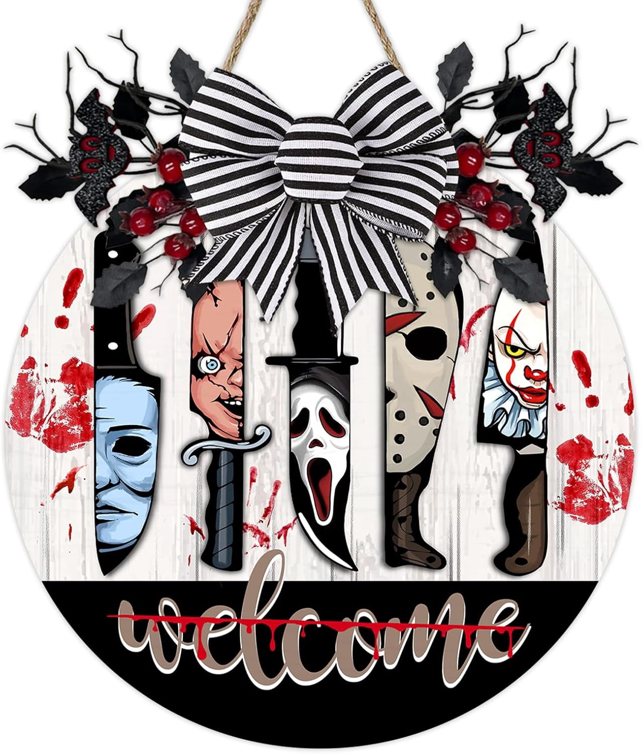 JUSIP Welcome Halloween Knife Front Door Sign, Horror Classic Movie ...