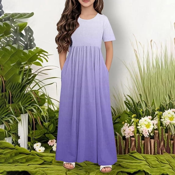 JUSLIO Dresses for Girls Gradient Dresses with Pockets Crew Neck Short ...