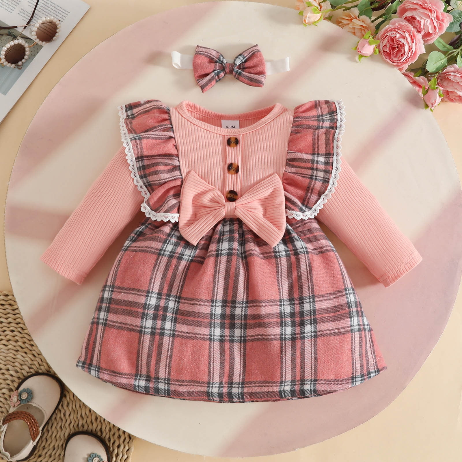JUSLIO Girls Plaid Dress Bow Crew Neck Long Sleeve Toddler Casual ...