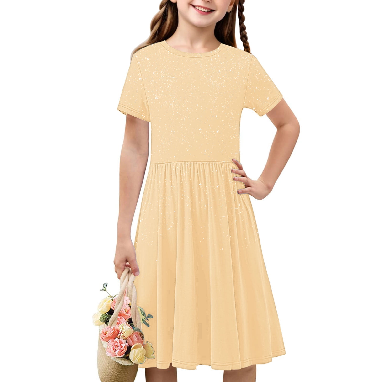 JUSLIO Girls Pleated Dress Solid Casual Short Sleeve Dresses Size 5 Y ...