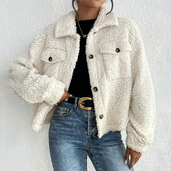 JUSLIO Winter Coats for Women Solid Color Long Sleeve Lapel Fuzzy Coats ...