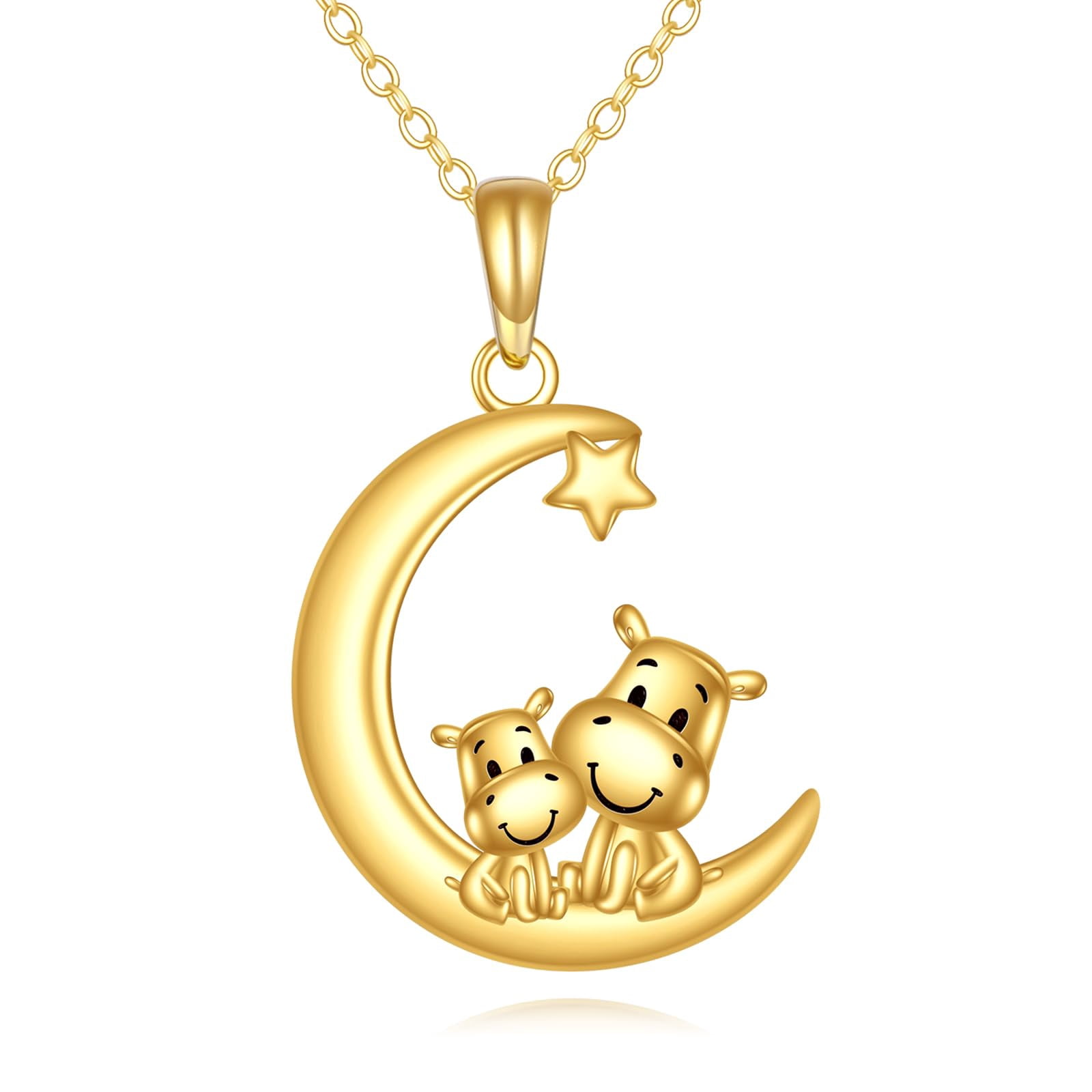 JUSORA 14K Real Gold Hippo Necklace Yellow Gold Hippo Moon Pendant ...