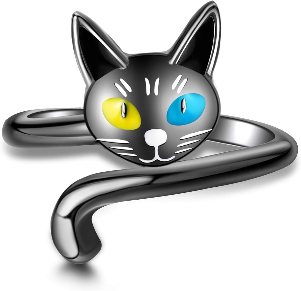 JUSORA Black Cat Ring 925 Sterling Silver Cute Little Black Cat Open ...