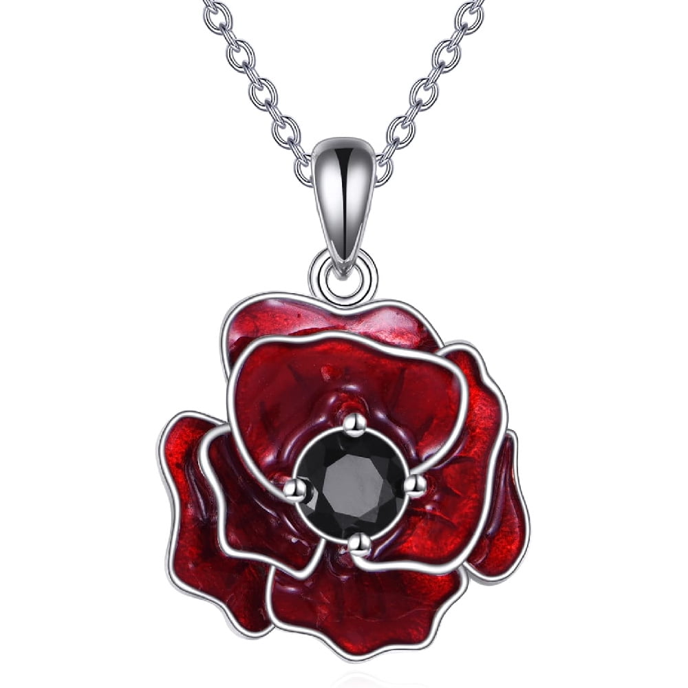 JUSORA Poppy Flower Necklace 925 Sterling Silver Poppy Flower Necklace ...