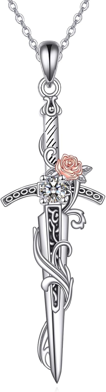 JUSORA Sword Necklace 925 Sterling Silver Medieval Rose Sword Pendant ...